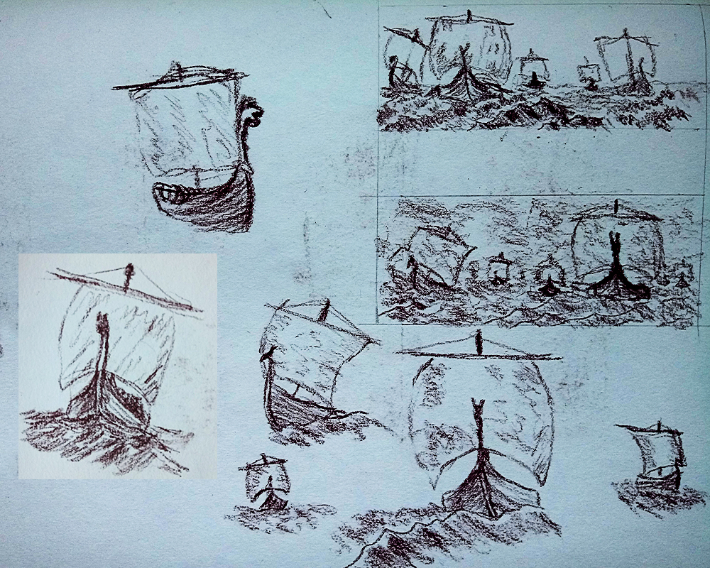Viking Longships at sea – Fantasy Art Illustration – Drawing Sketch ...